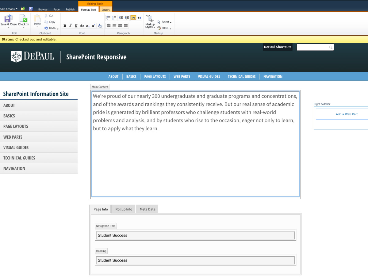 Formatting Text | Basics | SharePoint Information Site | DePaul University, Chicago